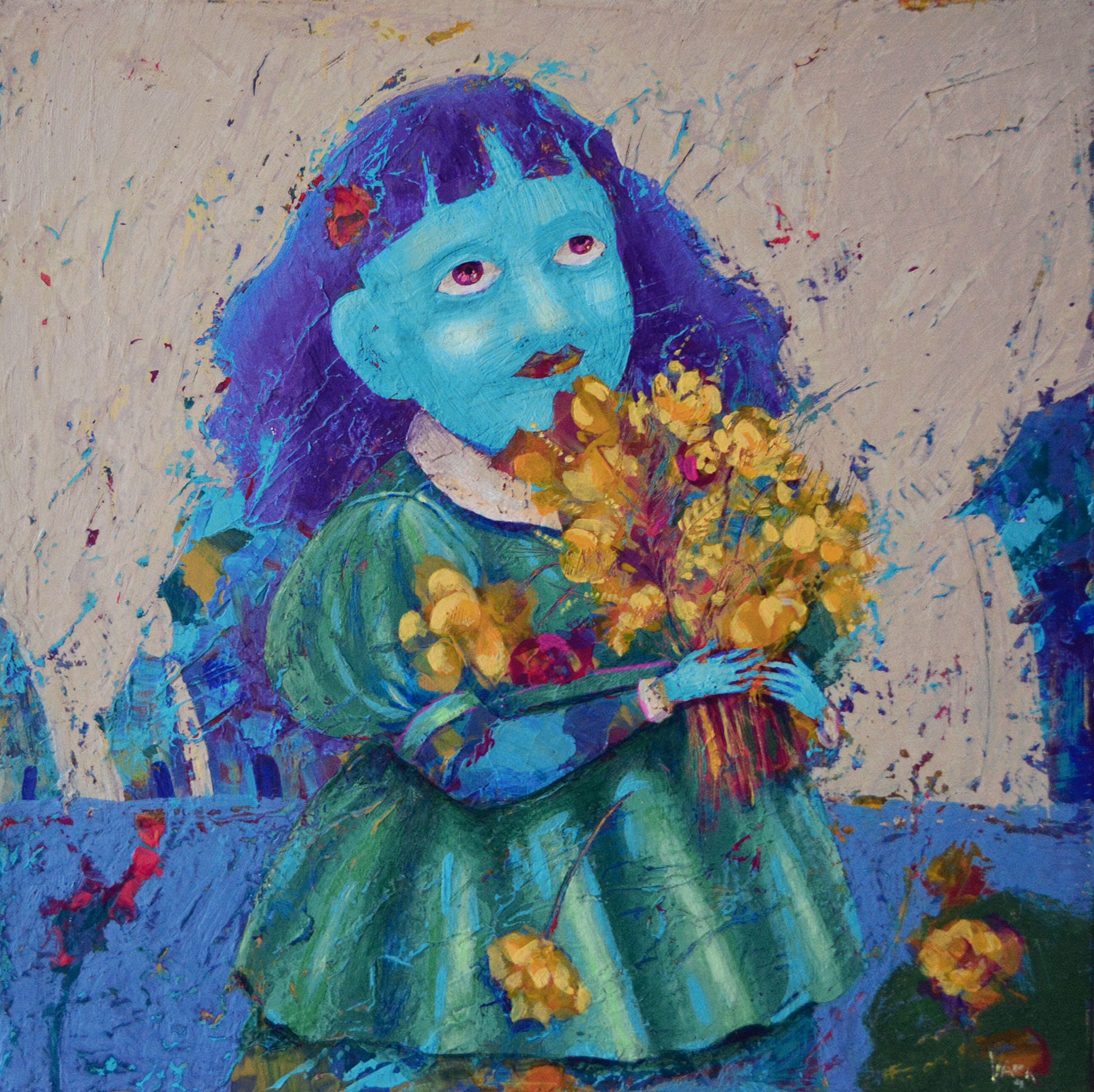 Original Acrylic Painting on Canvas "blue Lady With Flowers". 30*30 Cm ...