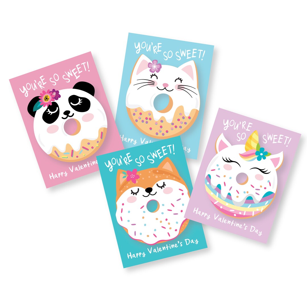 Donut Valentines Day Cards, Donut Animals Valentine Cards, Printable ...