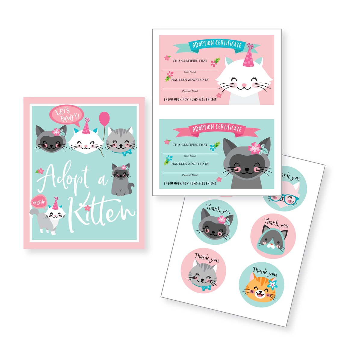 Adopt a Kitten / Certificate / Adoption Sign / Favor Tag / Pink Cat ...