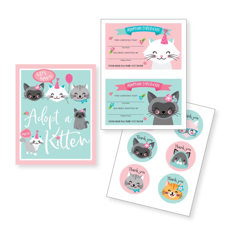 Adopt a Kitten / Certificate / Adoption Sign / Favor Tag / - Etsy
