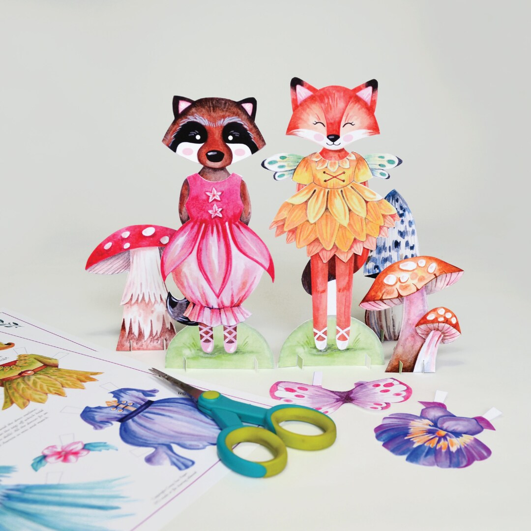 Woodland Fairy Paper Dolls, Fox and Raccoon Paper Cutouts, Animal Paper ...