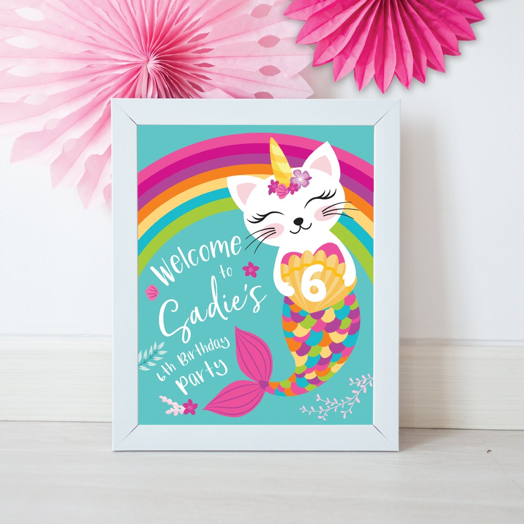 Caticorn Birthday Welcome Sign, Mermaid Cat, Rainbow Unicorn (digital ...