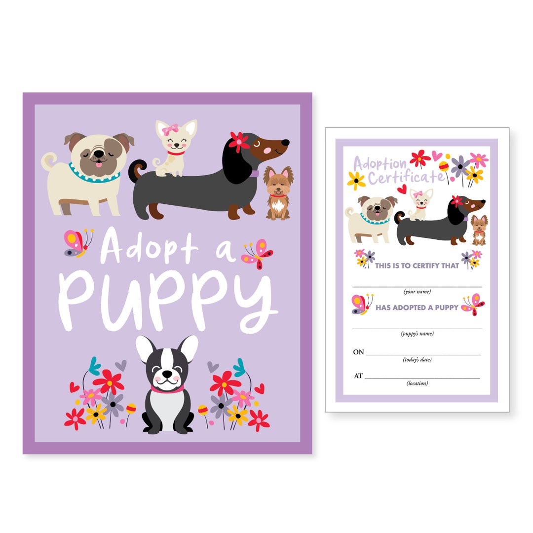 Adopt a Puppy & Certificate / Adoption Sign / Purple Dog Birthday Party ...