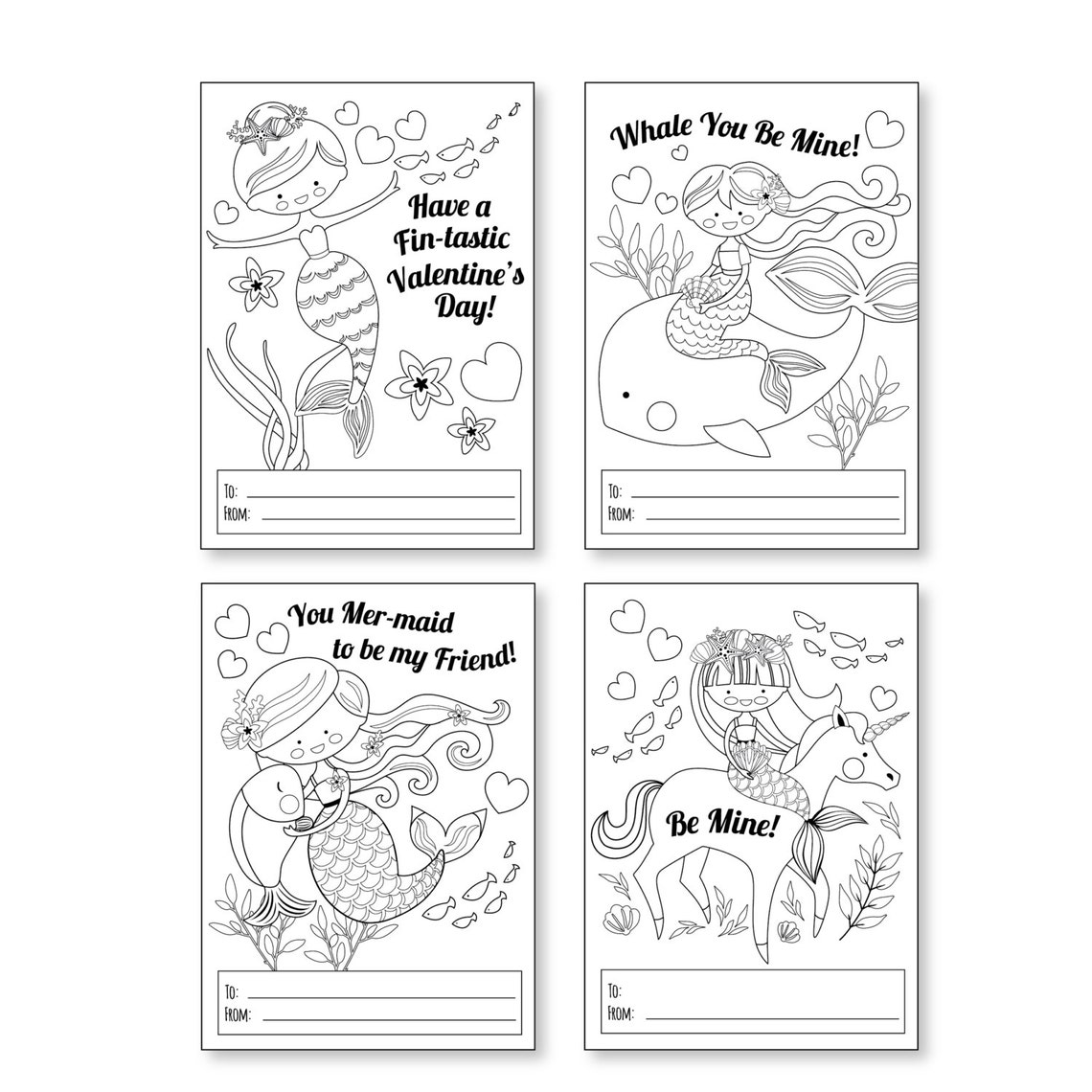 Mermaid Colouring Valentines Day Cards / Printable DIY Card / Classroom ...