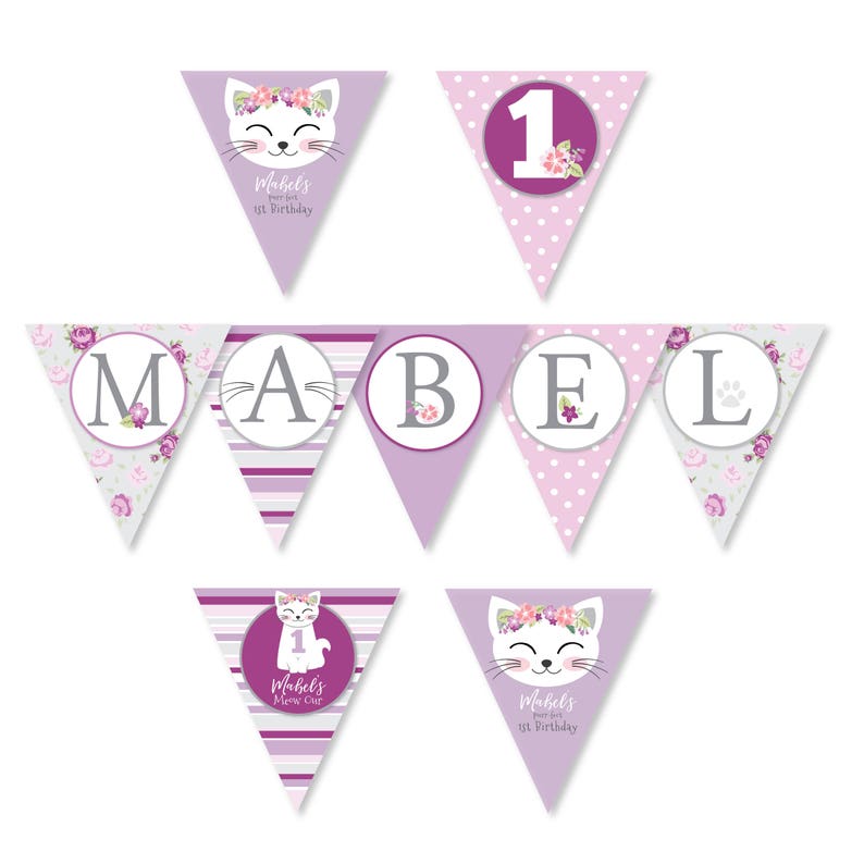 Personalized Kitten Birthday Bunting, Purple Cat Party Banner (digital ...