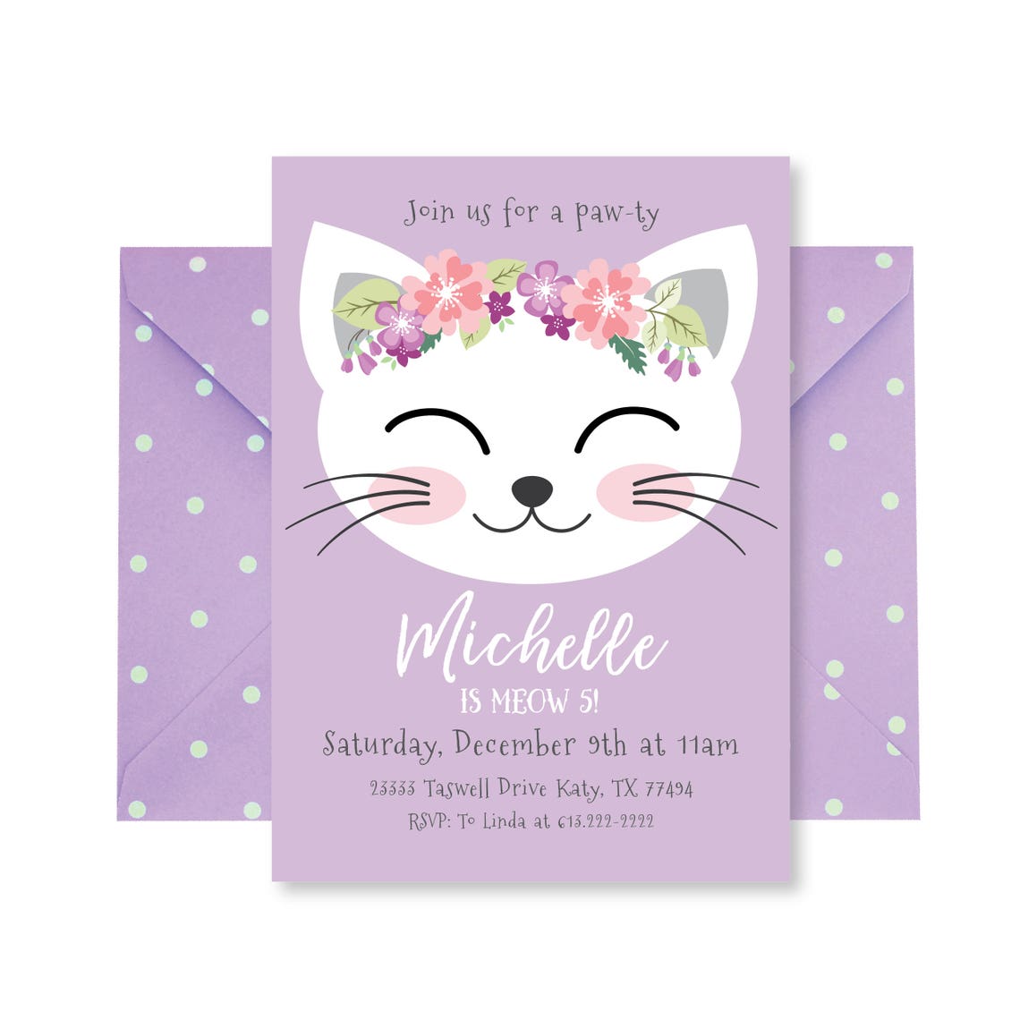 Cat Birthday Party Invitation Kitten Invitation Cat | Etsy