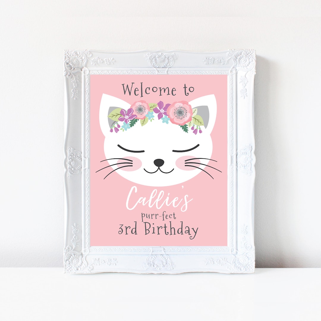 Cat Welcome Sign, Girl's, Pink, Kitten, Kitty, Birthday Party, Poster ...