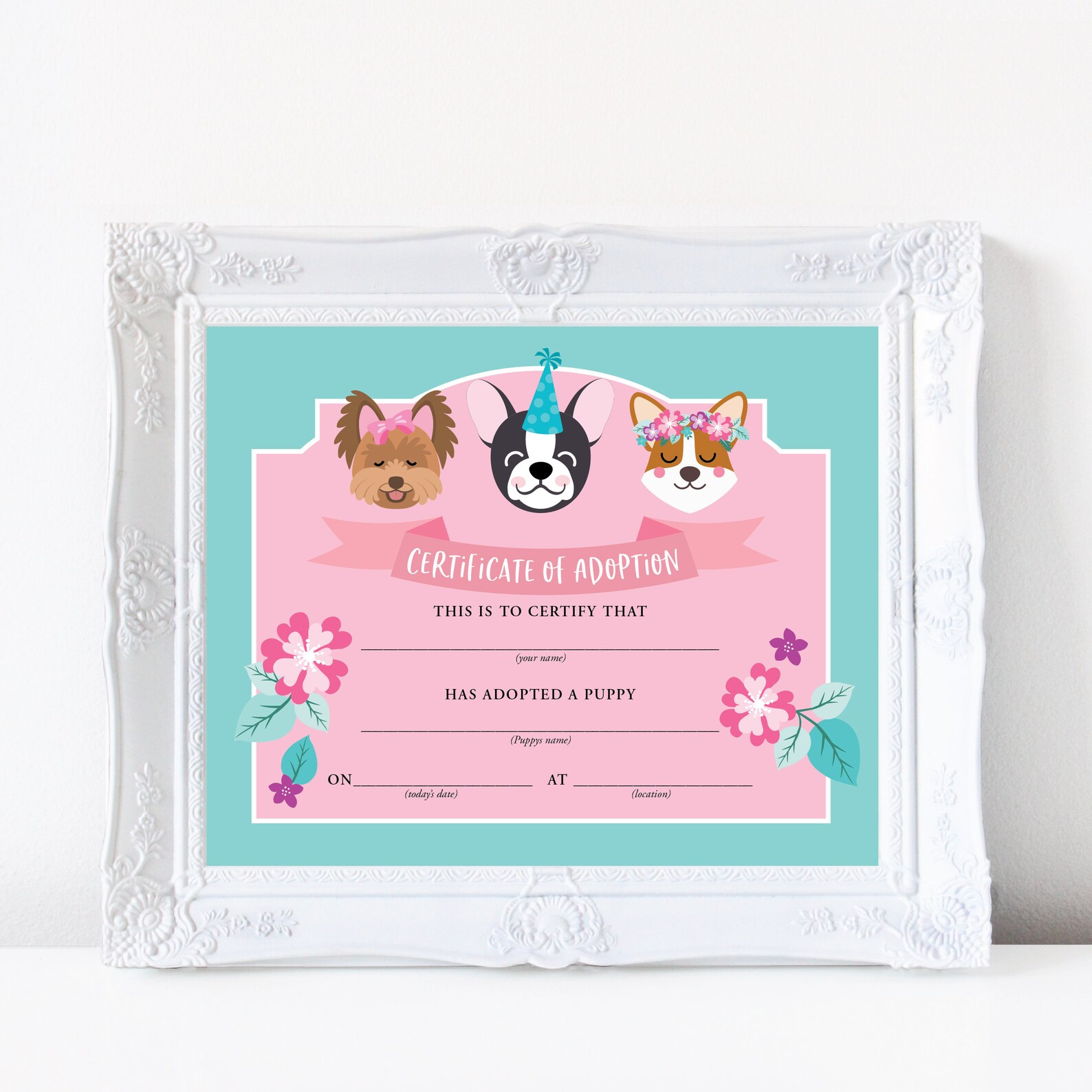 Adopt a Puppy / Certificate / Adoption Sign / Favor Tag / Pink Dog ...