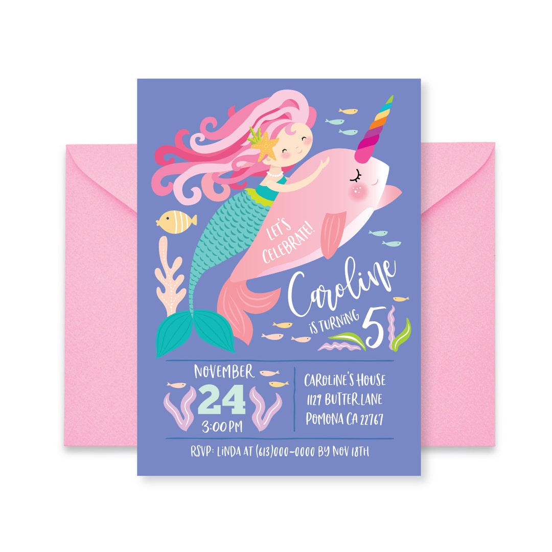 Mermaid Narwhal Invitation Girl's Narwhal Mermaid Party - Etsy