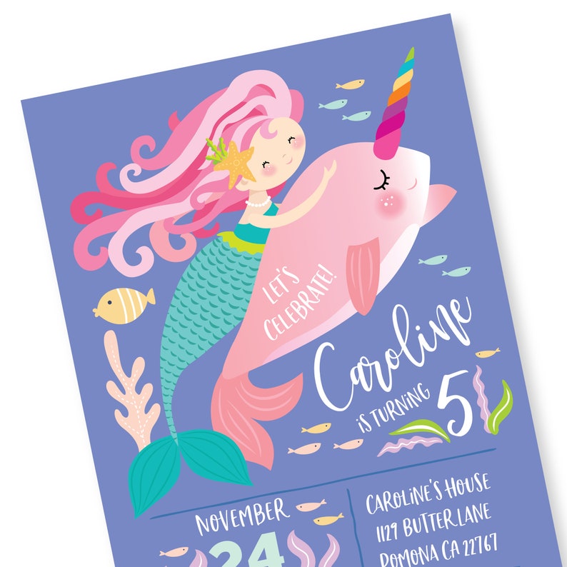 Mermaid Narwhal Invitation Girl's Narwhal Mermaid Party - Etsy