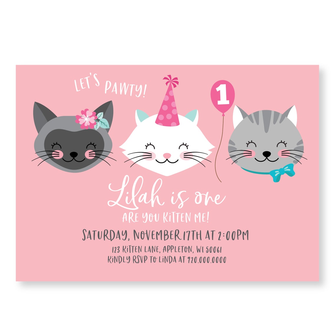 Cat Birthday Party Invitation Girls Kitten Cat Birthday - Etsy