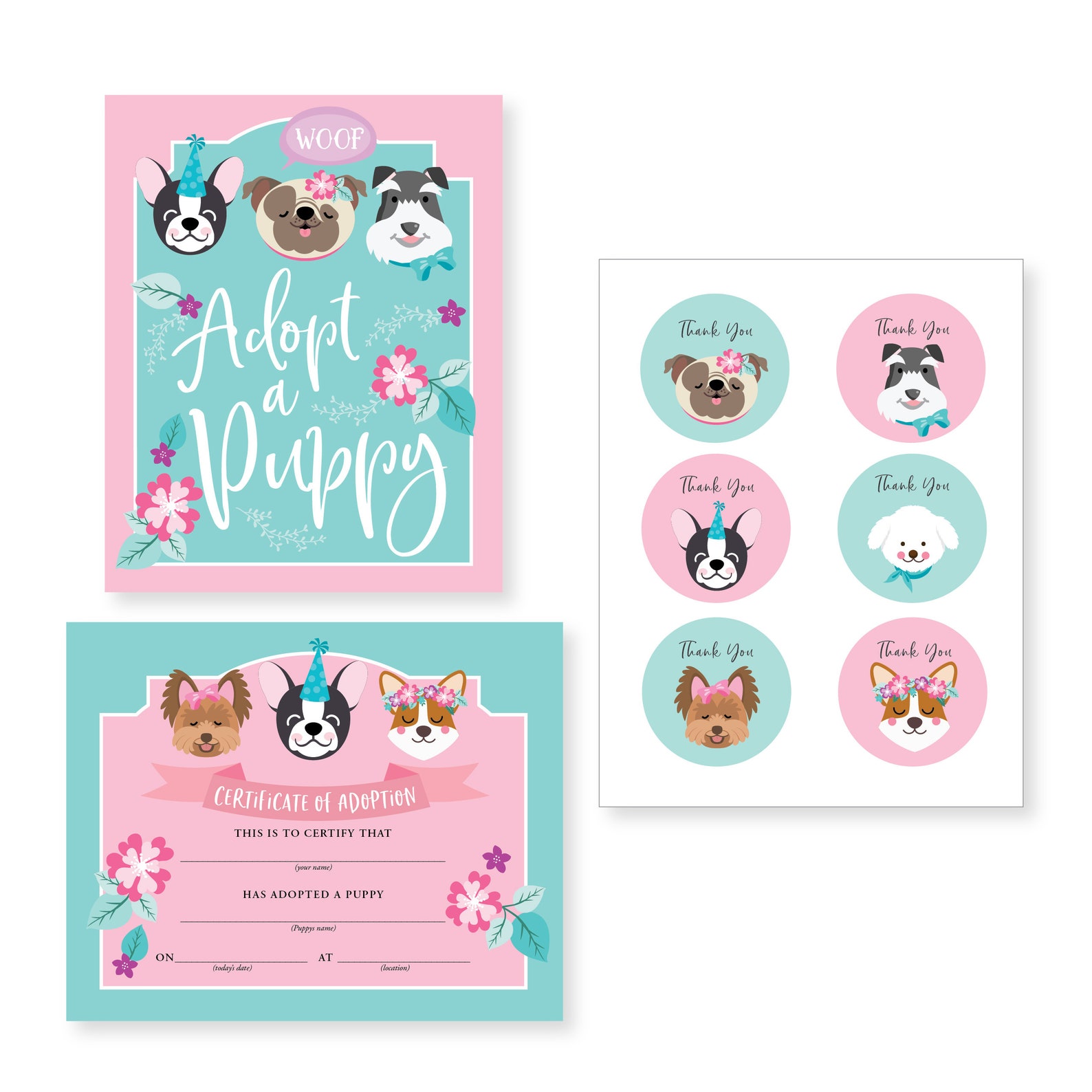 Adopt a Puppy / Certificate / Adoption Sign / Favor Tag / Pink - Etsy