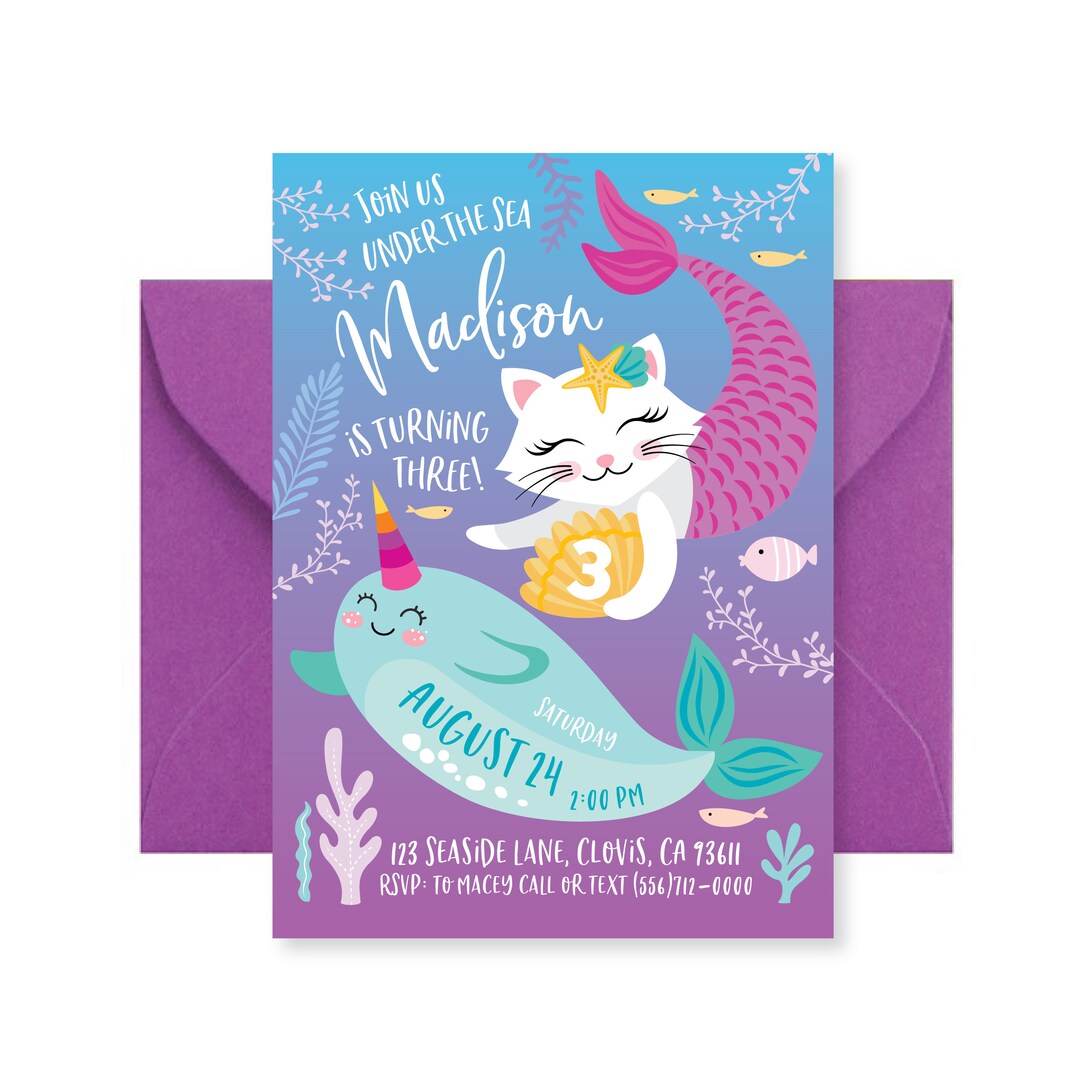 Mer-cat, Narwhal Birthday Invitation, Cat, Mermaid, Narwhal Invite ...