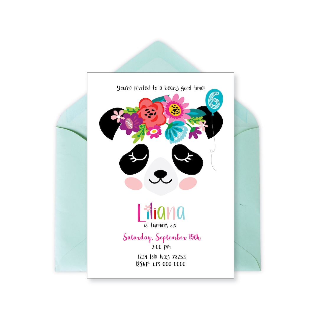Panda Invitation, Panda Birthday Party Invite, Boho Floral Panda Bear ...