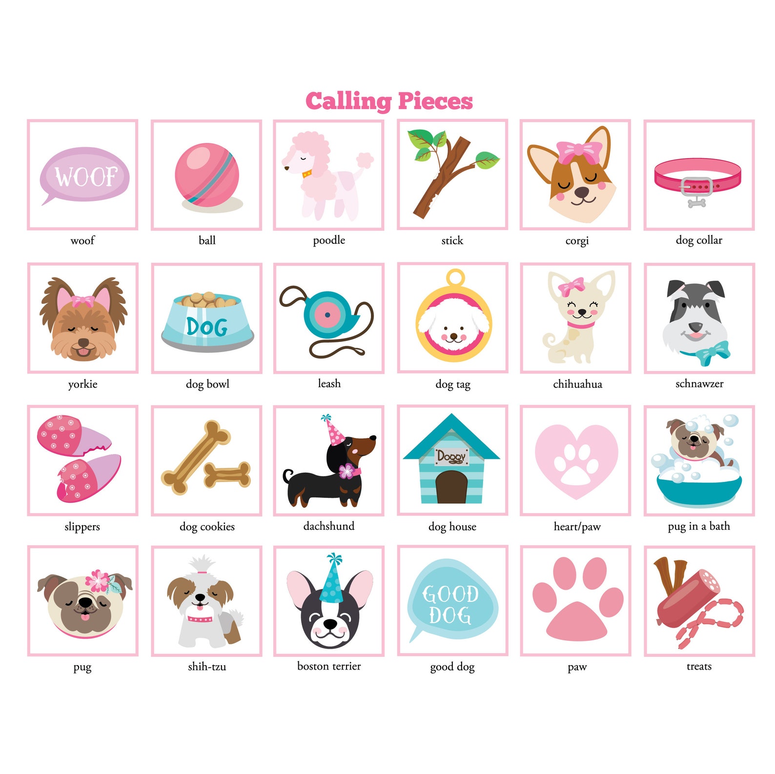 Dog, Pug, Puppy BINGO Game, 30 Different Bingo Cards, Girl's Printable ...