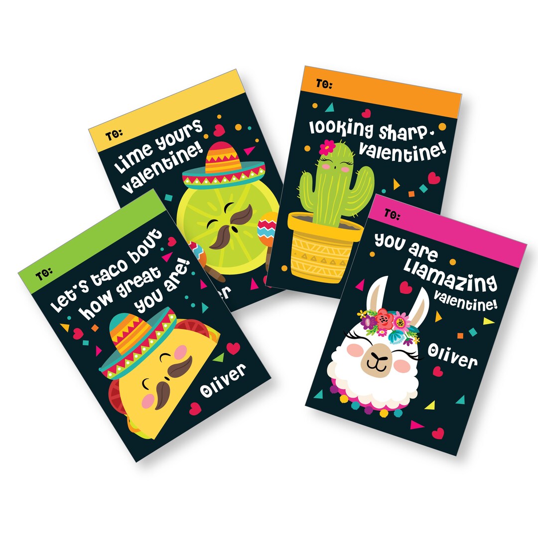 Printable Fiesta Valentines Cards, Taco, Llama, Cactus (digital ...