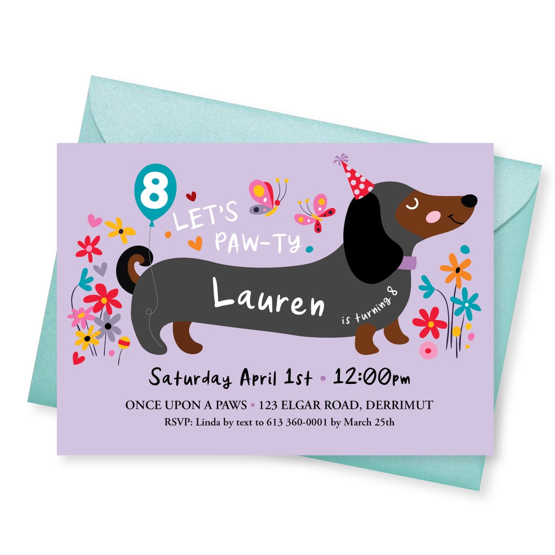 Dachshund Birthday Party Invitation, Dog Invite, Puppy Party, Cute ...