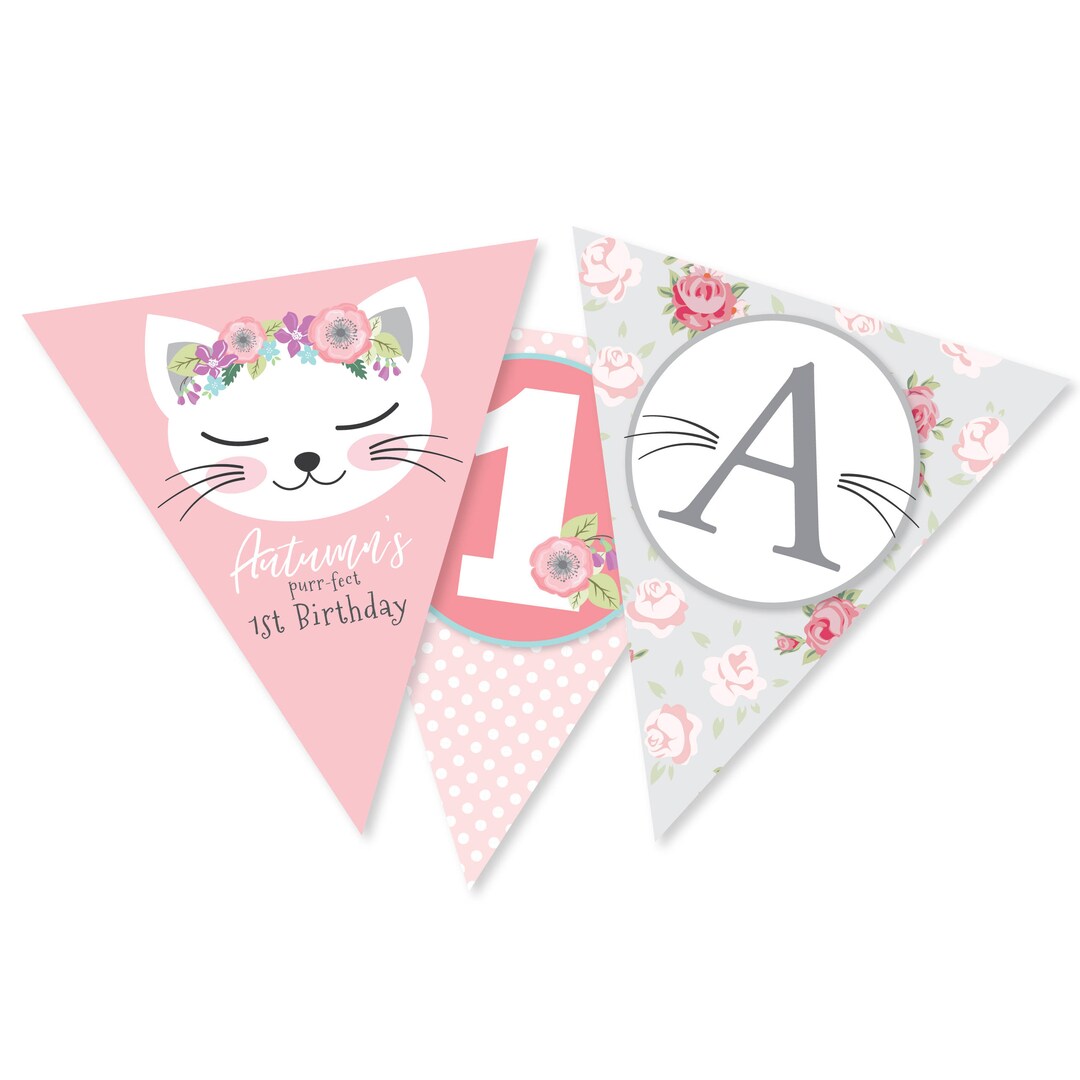 Kitten Birthday Bunting, Pink Cat Banner, Kitty Garland, Printable ...