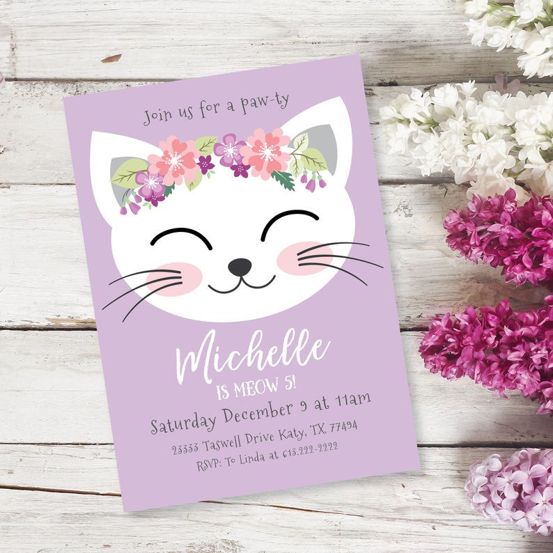 Cat Birthday Party Invitation Kitten Invitation Cat | Etsy