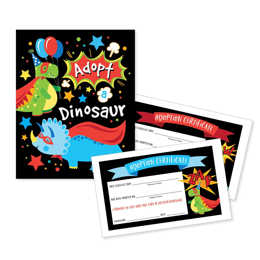 Adopt a Dinosaur, Certificate and Adoption Sign, Dinosaur Birthday ...