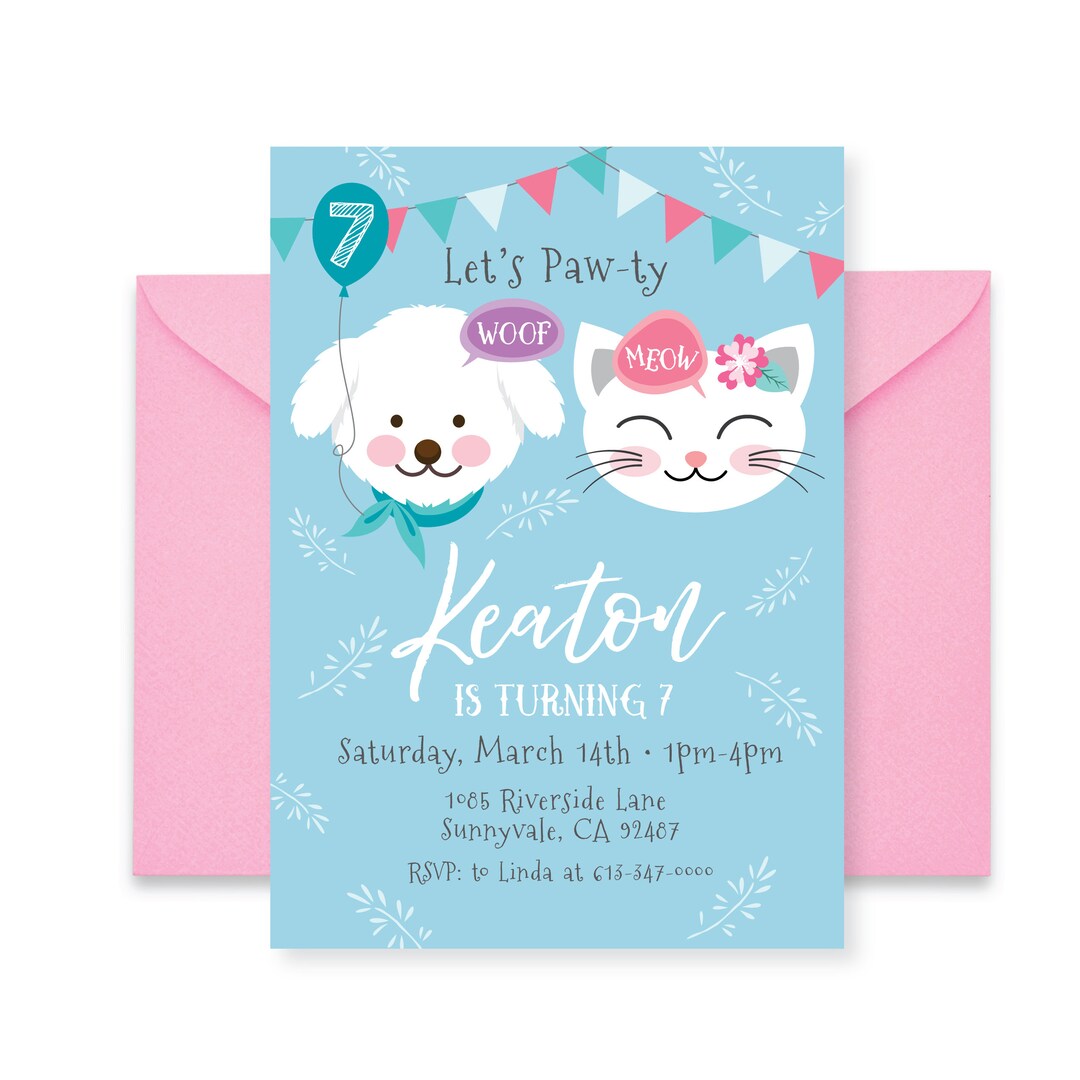 Dog and Cat Birthday Invitation, Custom Party Invite (digital File) - Etsy