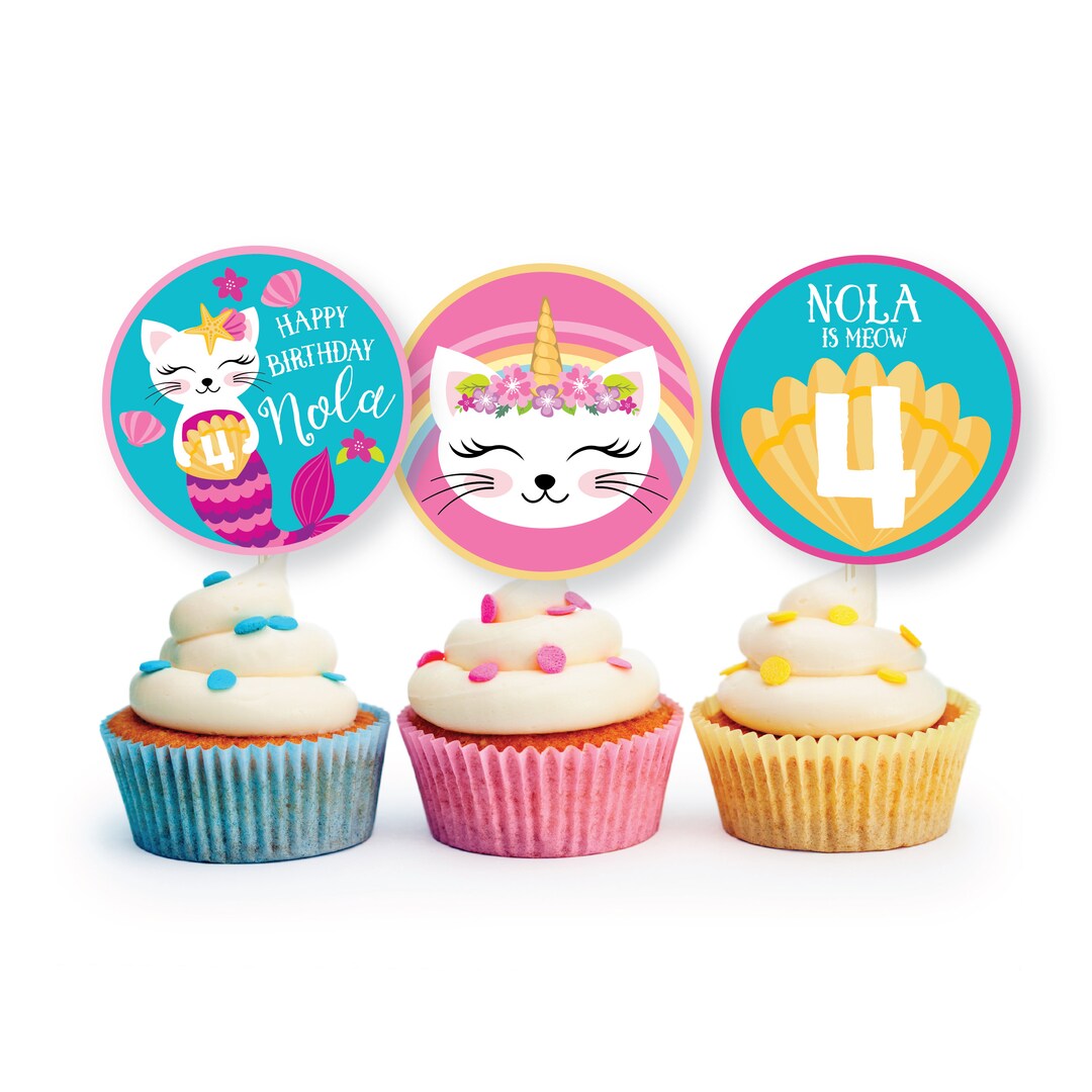 Caticorn Cupcake Toppers - Mermaid Kitten Birthday Party (digital File ...