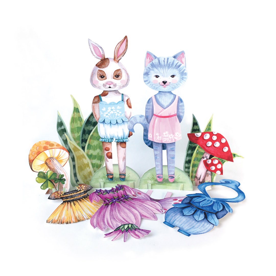 Woodland Fairy Paper Dolls, Rabbit and Cat Cutouts, Animal Paper Craft ...