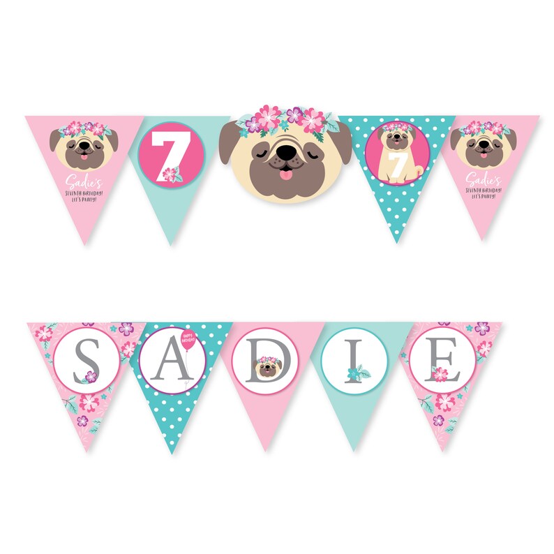 Pug Birthday Bunting Pink Pug Banner Dog Garland Printable - Etsy