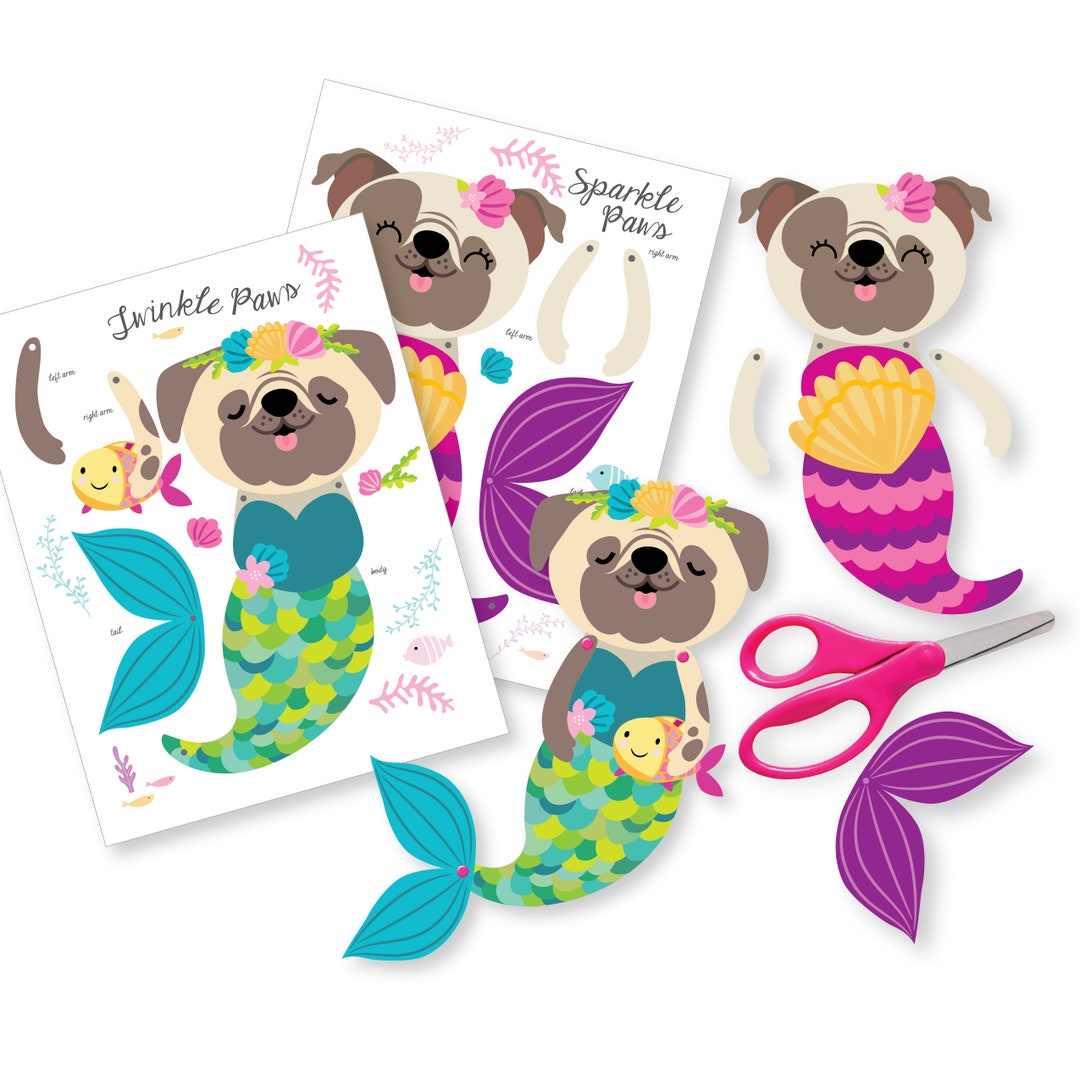 2 Articulated Paper Mer-pug Dolls, Instant DIY Download - Mer-pug - Pug ...
