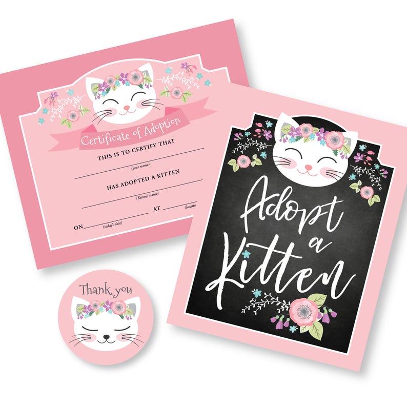 Adopt a Kitten / Certificate / Adoption Sign / Favor Tag / - Etsy Australia