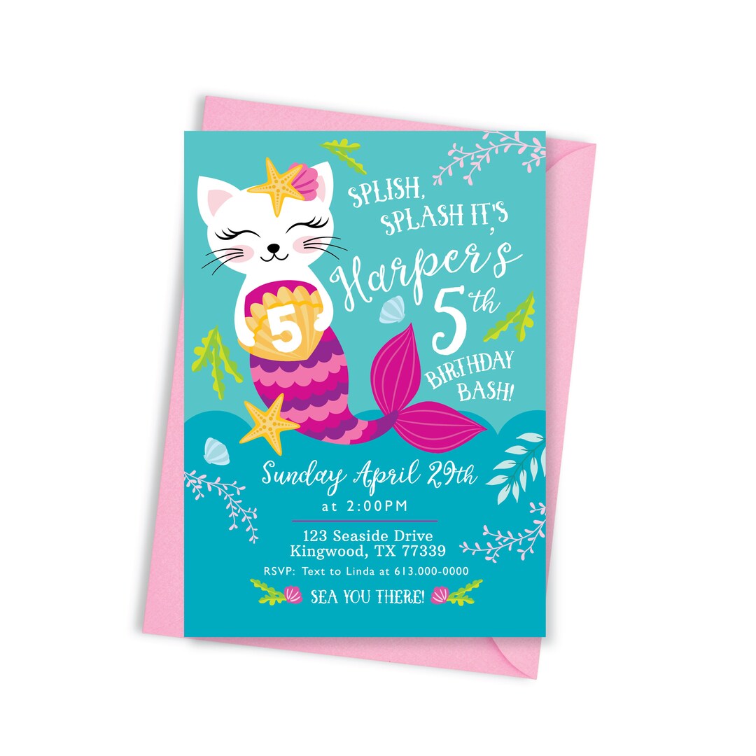 Mer-cat Birthday Party Invitation, Kitten, Cat, Mermaid Invite, Pool ...