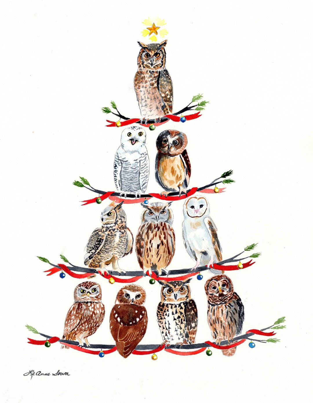 Owl Christmas Tree the Original Watercolor, Barred Owl, Great Horned ...