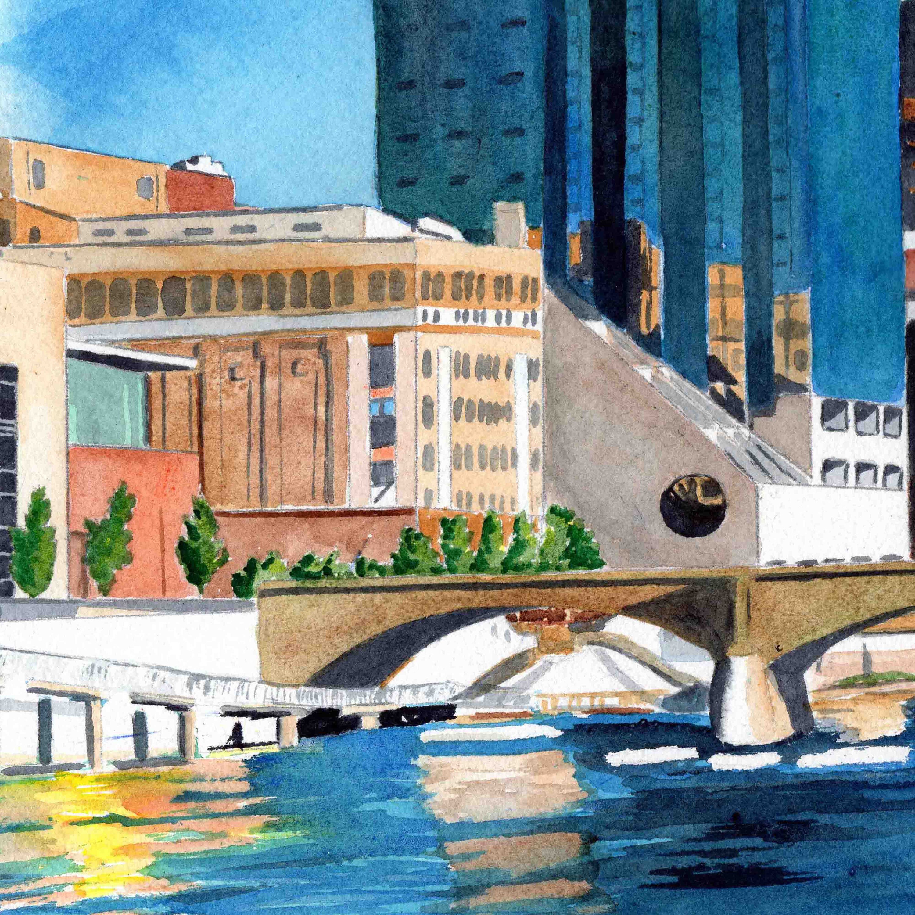 Grand Rapids Michigan Watercolor Art Print, Grand River Skyline - Etsy