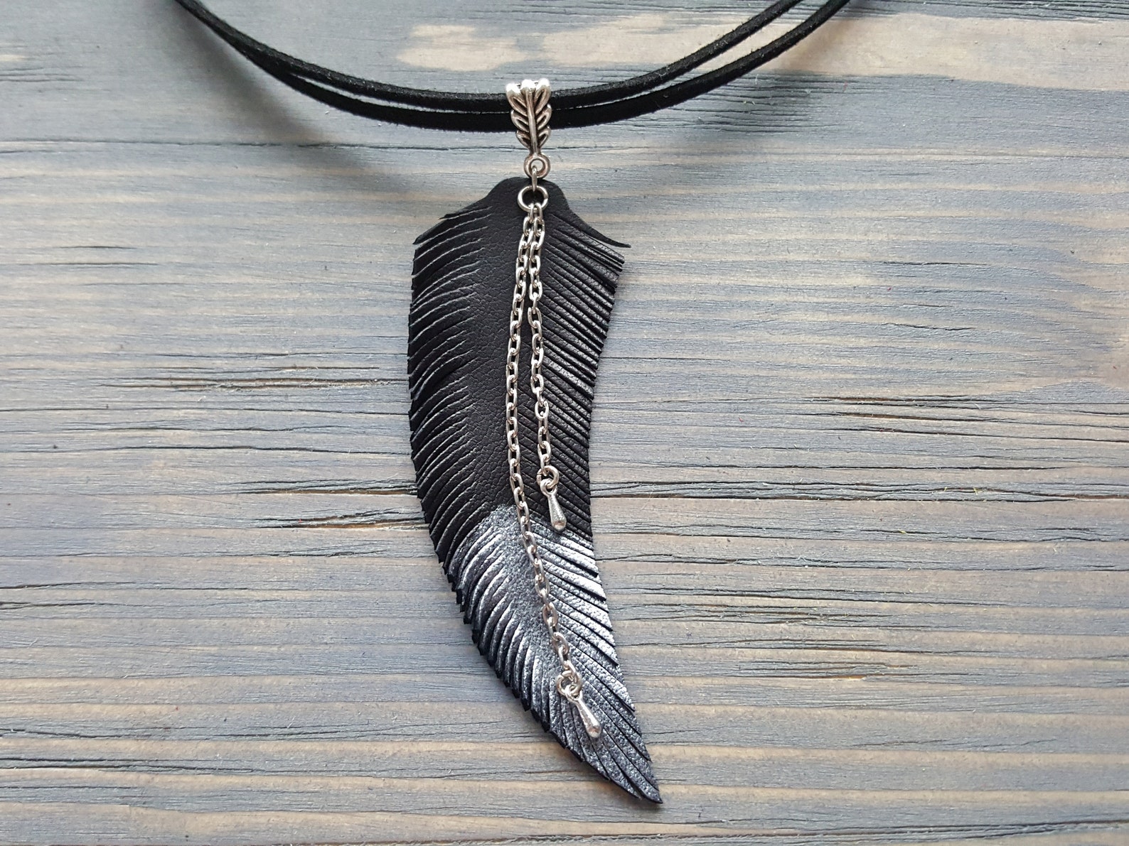 Leather Feather Necklace. Black Choker. Leather Choker. Boho | Etsy