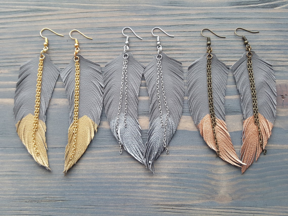 Feather Earrings Leather Feathers Earrings Dangle Boho - Etsy UK