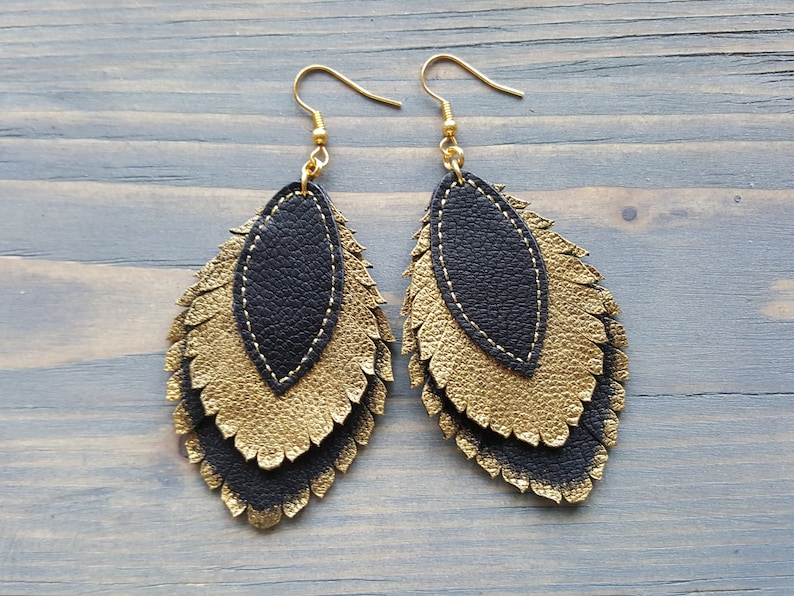 Layered Leather Earrings. Large Statement Earrings. Boho Leaf Earrings ...
