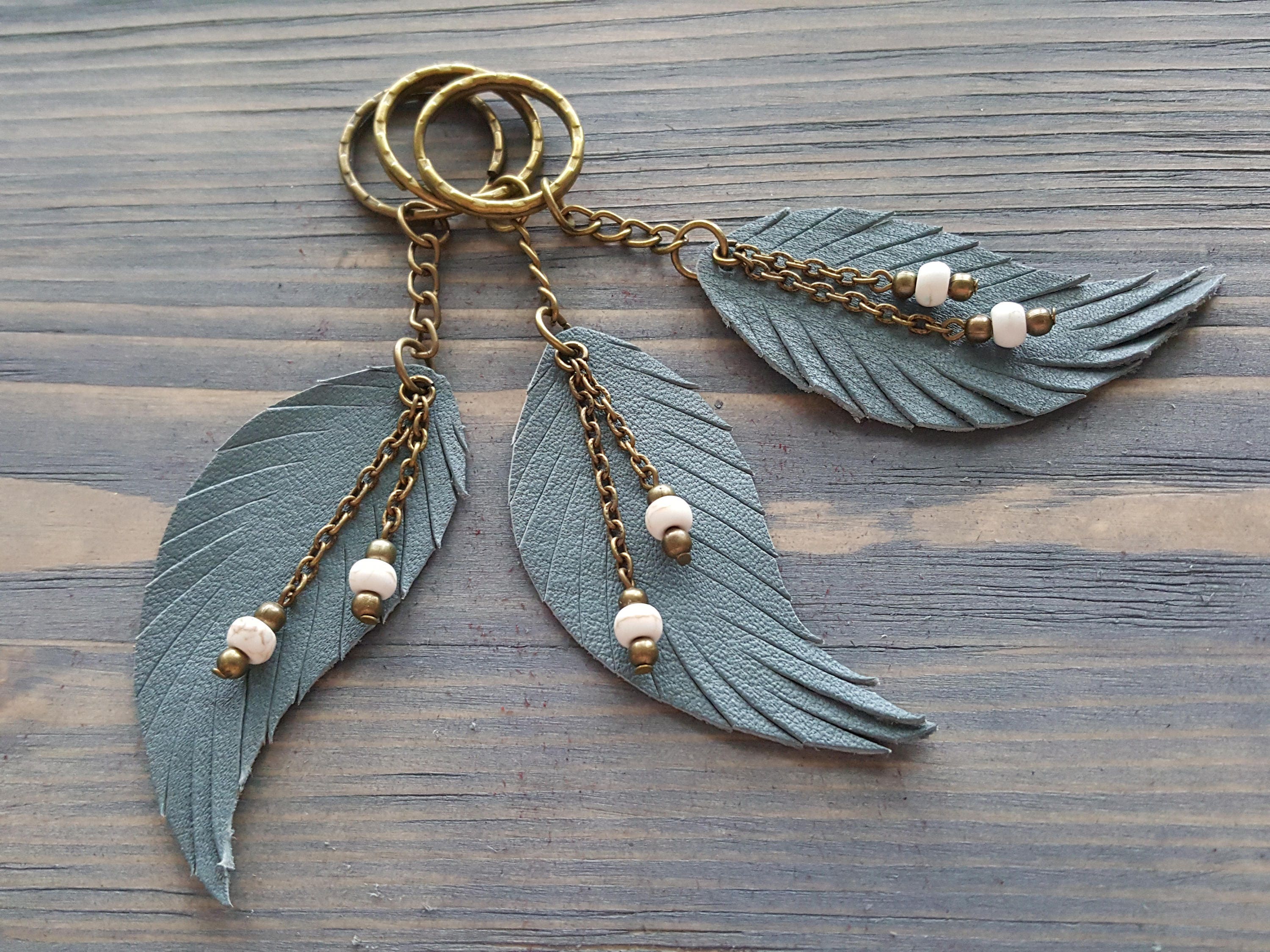 Leather Feather Keychain. Bronze Key chain. Leather Keyring. | Etsy