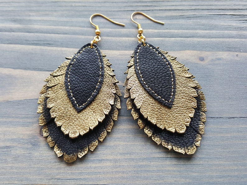Layered Leather Earrings. Large Statement Earrings. Boho Leaf Earrings ...