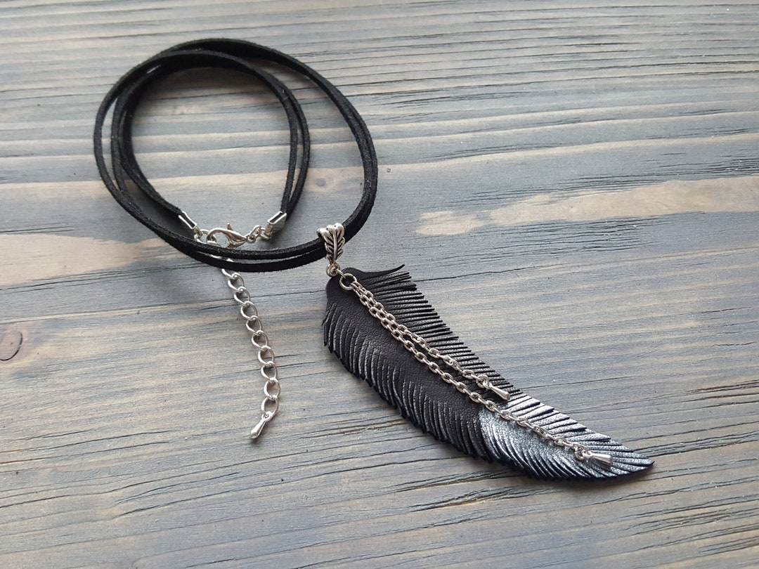 Leather Feather Necklace. Black Choker. Leather Choker. Boho Choker ...