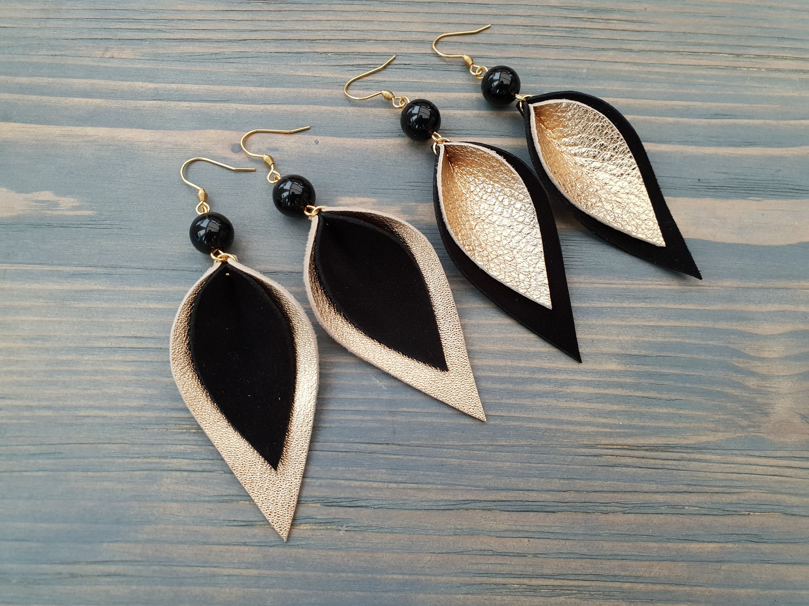 Black and Gold Earrings, Leather Leaf Earring, Leather Earrings, Boho ...