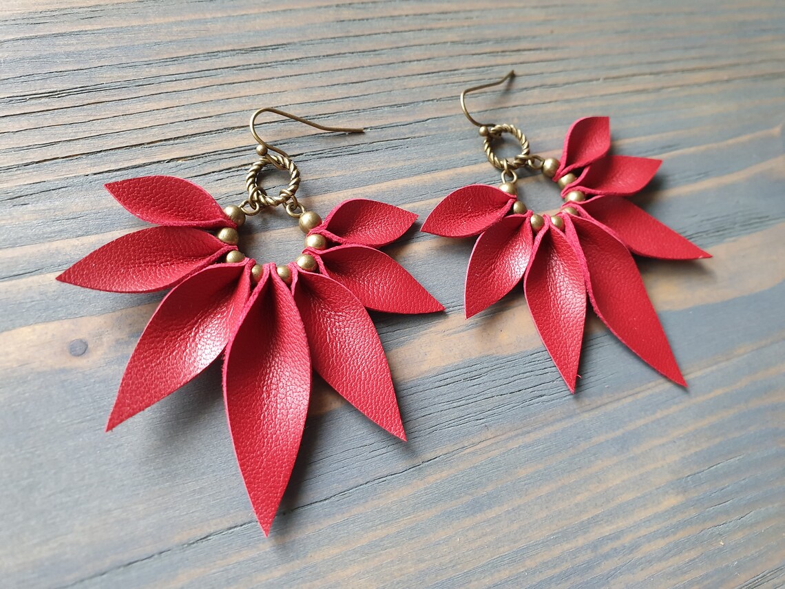 Statement Earrings, Large Red Hoop Earrings, Leather Earrings, Leather ...