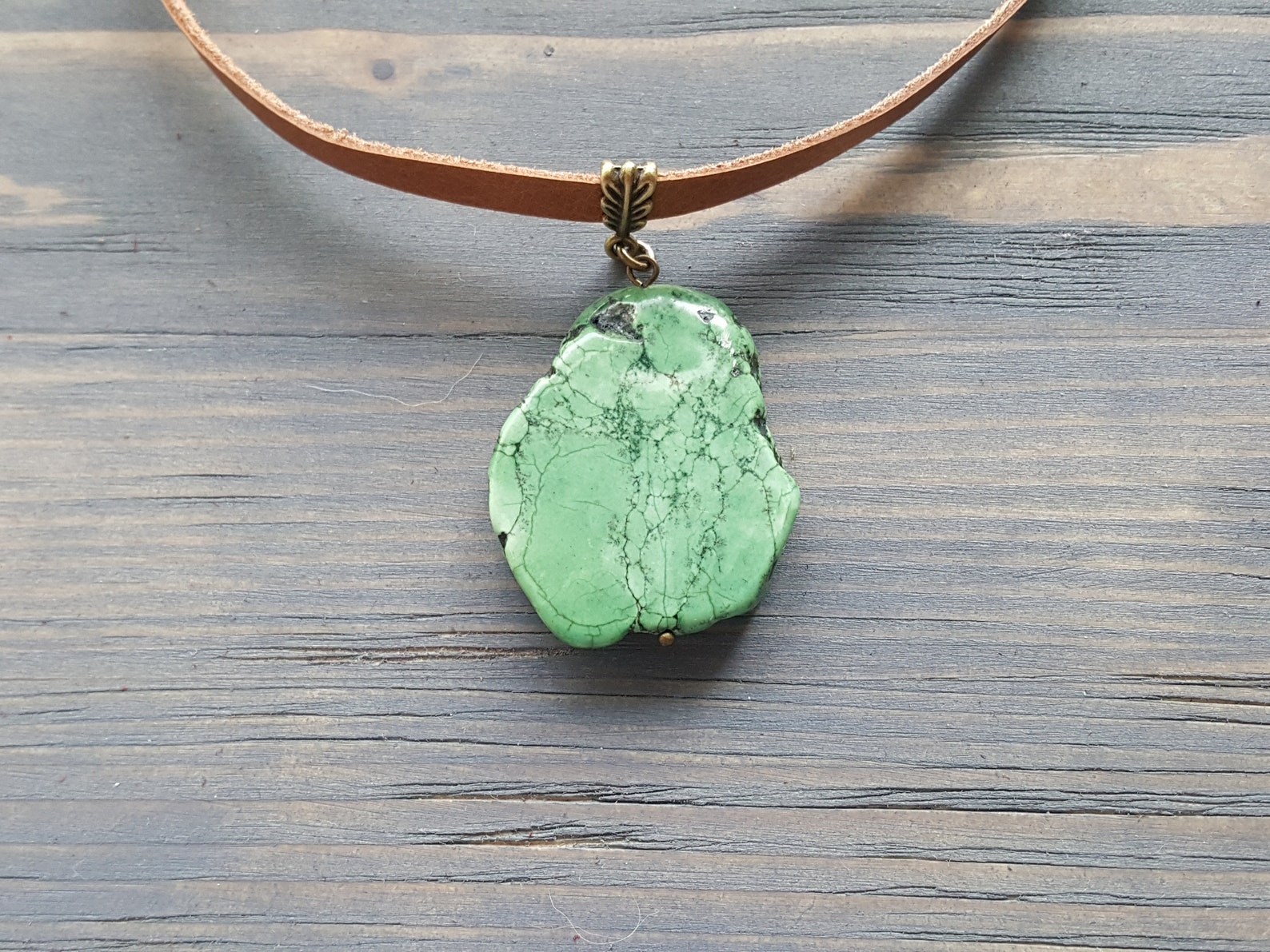 Large Green Turquoise Pendant Necklace. Genuine Leather Choker - Etsy UK