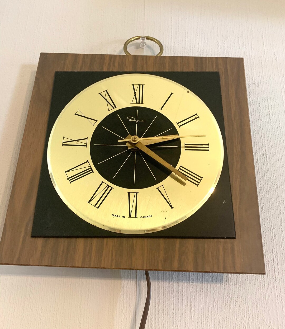 INGRAHAM MCM Square Wall CLOCK, Woodtones and Brass, Works Great, 9 ...