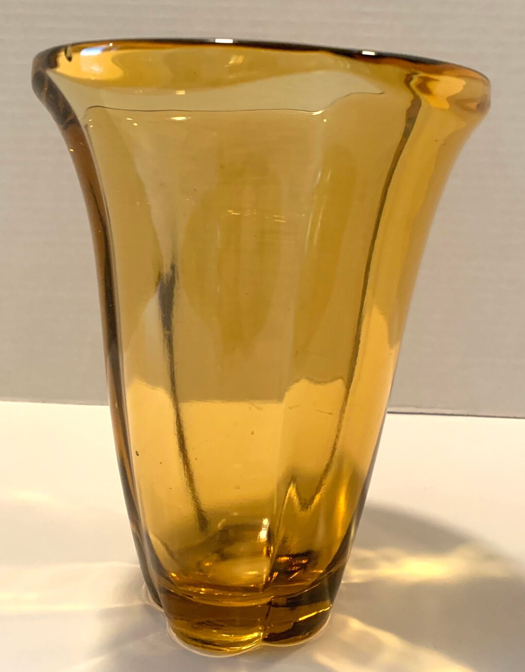 AMBER Glass VASE, Ribbed Effect on Sides, Five Sided, Heavy Base ...