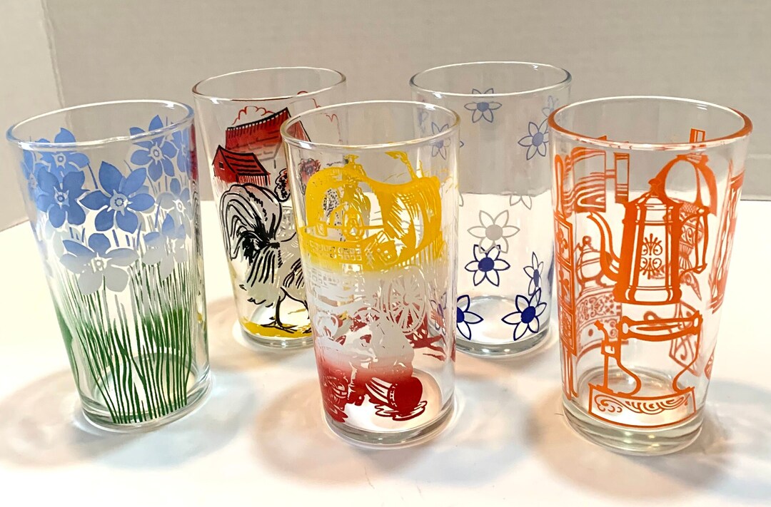 Vintage SWANKY SWIGS, Set of Five(5) Glasses, Cool Retro Designs, Multi ...