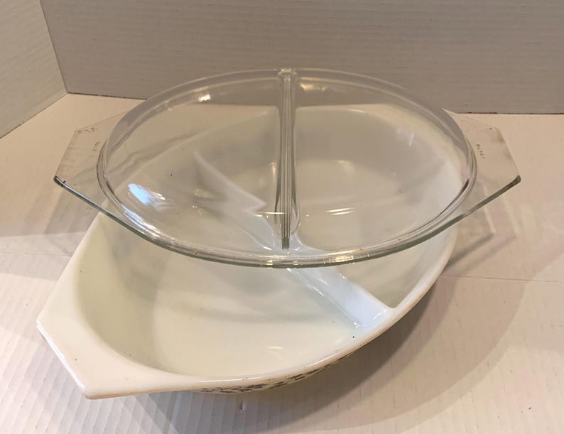 Vintage Pyrex Divided Casserole Dish: Gold Acorn Pattern With Matching ...