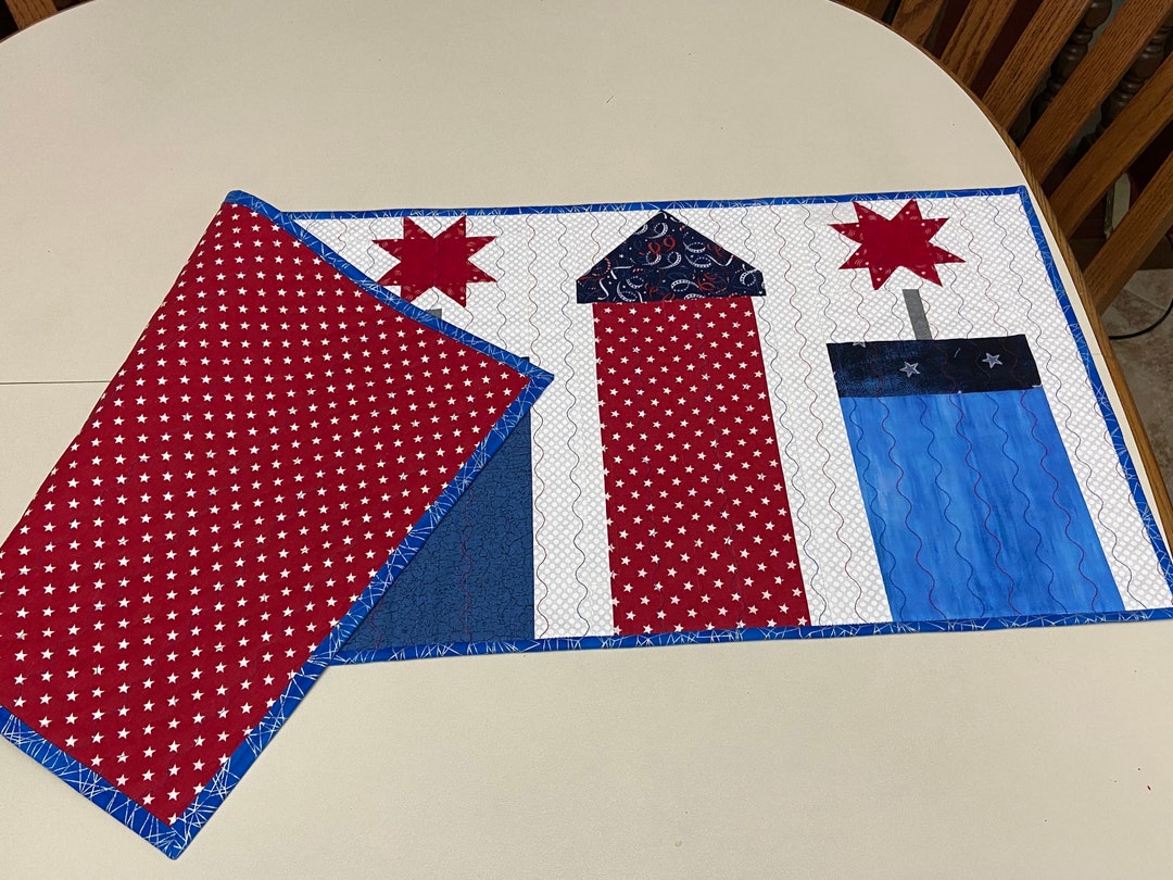 July 4th Table Runner, Quilted Fire Works Table Decor, Red White Blue Table Topper, Firecracker ...