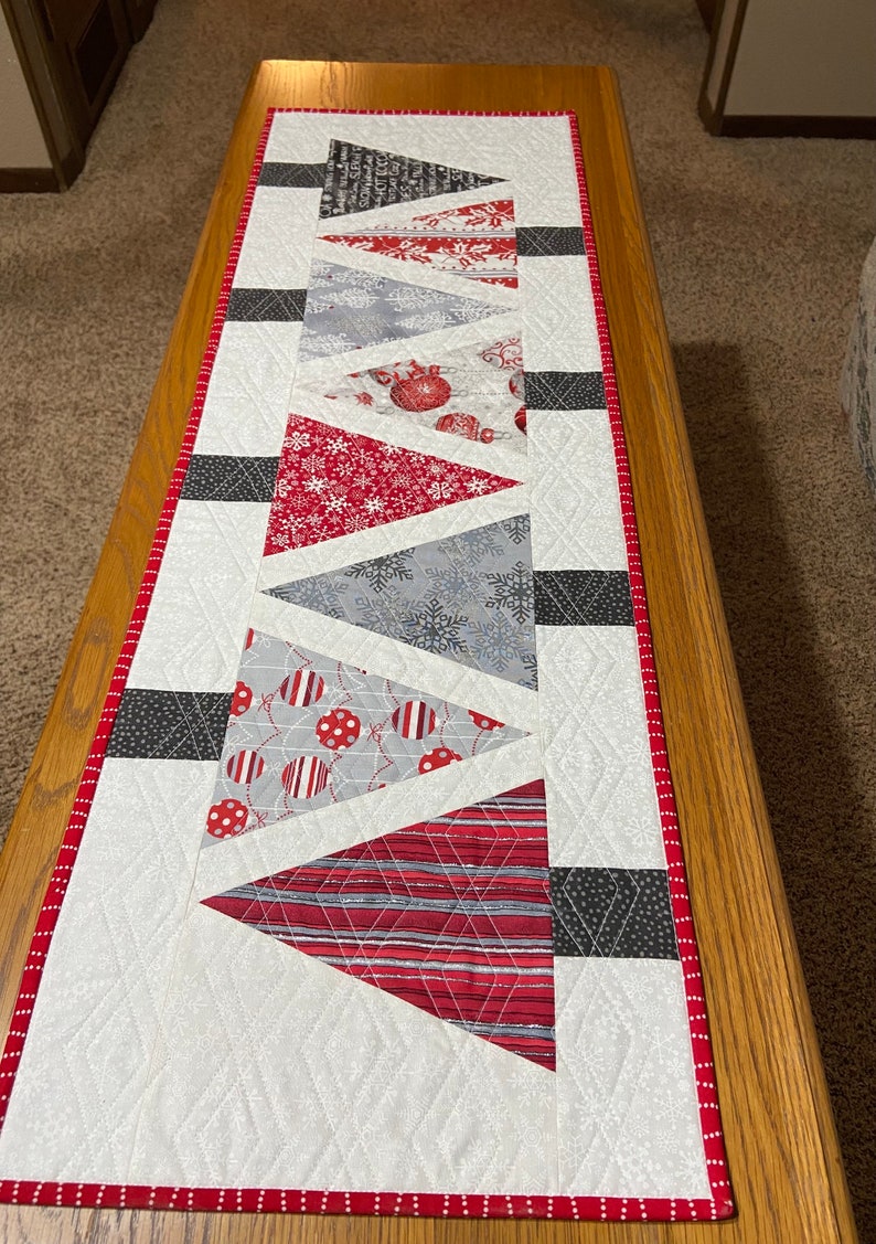 Quilted Christmas Tree Table Runner, Red and Gray Decor, Sofa Table ...