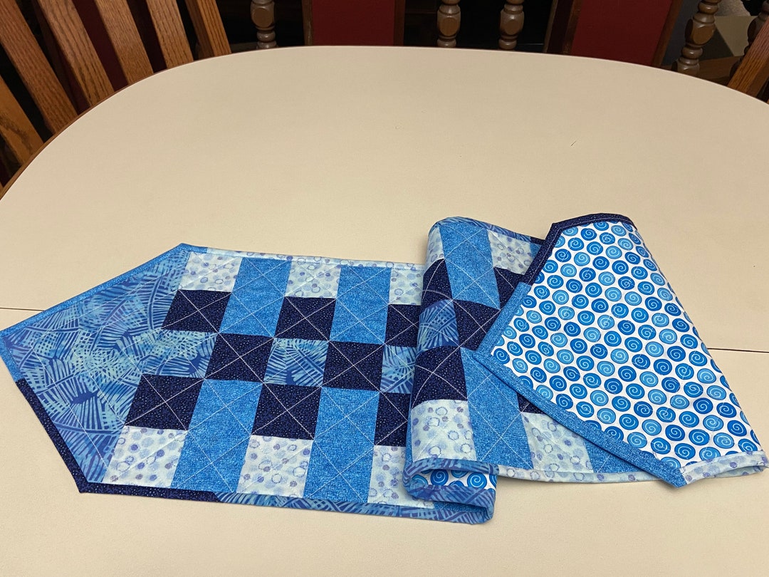 Quilted Blue Table Runner, Farmhouse Handmade Table Topper, Sofa Table ...