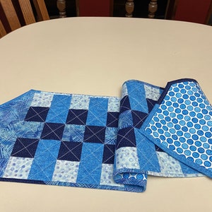 Quilted Blue Table Runner, Farmhouse Handmade Table Topper, Sofa Table ...